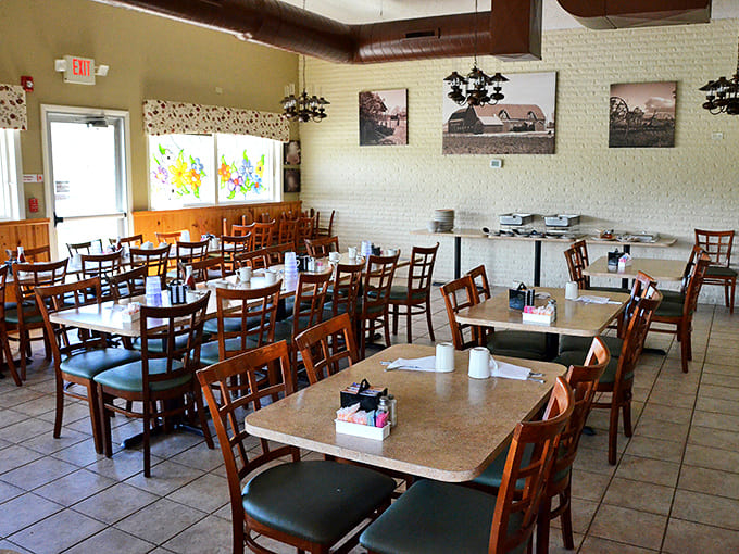 The dining area's wooden dividers create intimate spaces while maintaining that communal feeling that makes Country Charm special.