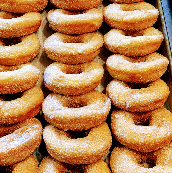 Golden rings of happiness, dusted with promises of a sugar rush. Resistance is futile!