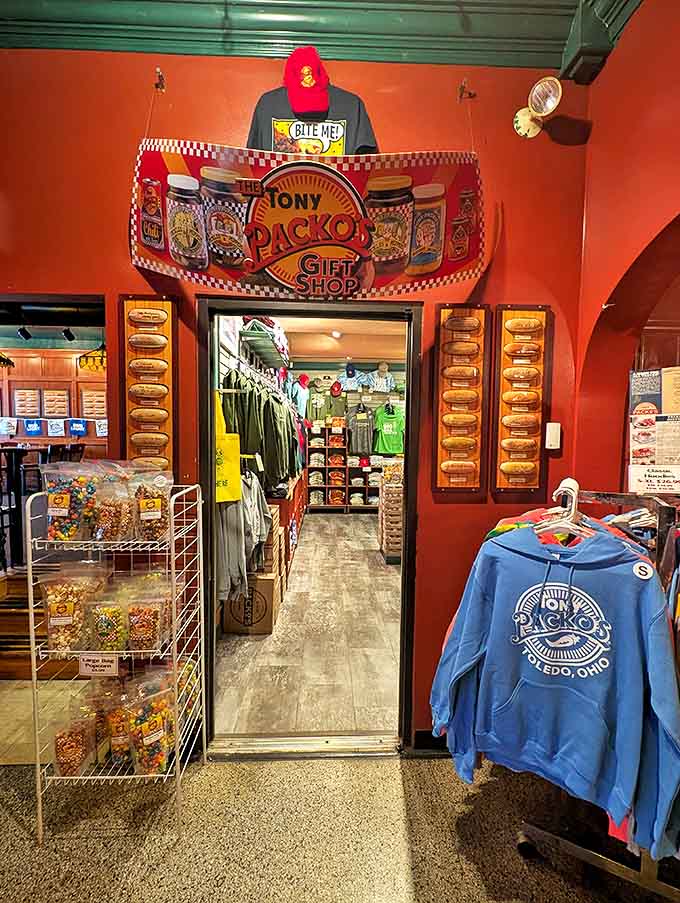 The gift shop doorway promises a chance to take home bottled magic &ndash; sauces and pickles that let you recreate the Packo's experience in your own kitchen.