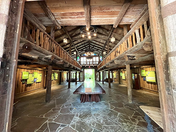 Inside the Hall of Giants, massive cypress beams frame a space that feels both ancient and timeless.