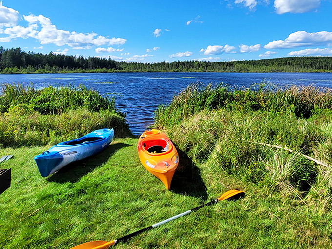 Colorful kayaks waiting patiently for their next adventure &ndash; like candy for grown-ups who prefer paddling to paperwork.