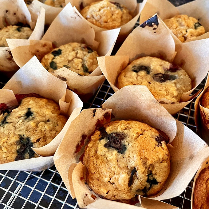 Blueberry muffins nestled in parchment cups &ndash; the perfect balance of tender crumb and fruit-studded goodness for morning road trips.