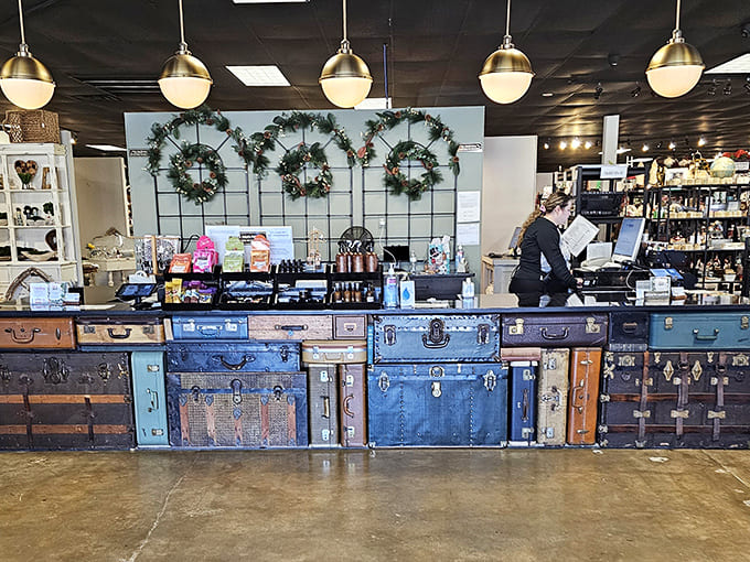 The checkout counter fashioned from vintage suitcases proves that even paying is part of the experience at this imaginative emporium.
