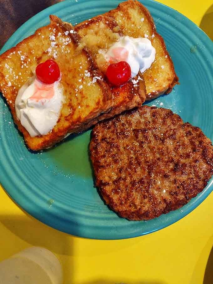 French toast with a side of sausage &ndash; the breakfast version of "business in front, party in the back."