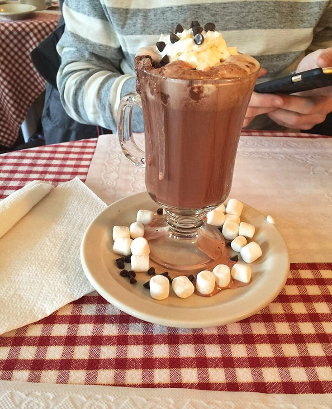 Hot chocolate elevated to an art form &ndash; served in a glass mug tall enough to swim in, crowned with whipped cream and surrounded by a marshmallow moat.