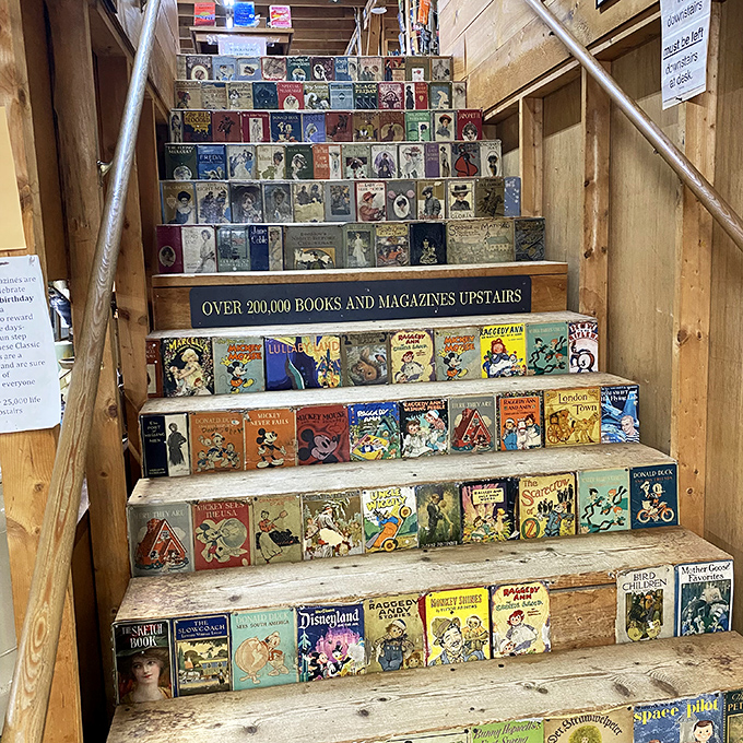 The children's book staircase showcases beloved characters from simpler times, when Mickey Mouse and Bambi were the heroes of young imaginations.
