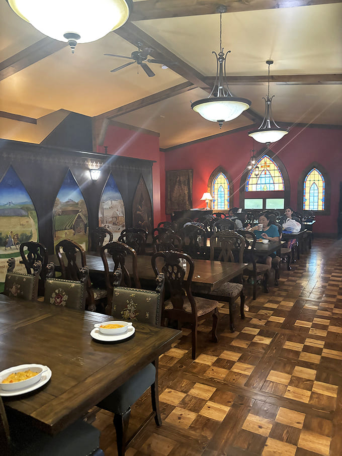 Dine like nobility in the Great Hall, where stained glass windows and ornate chairs transform breakfast into a royal banquet.