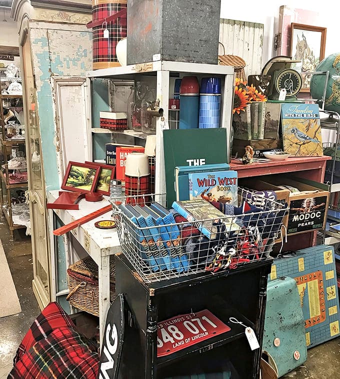 A carefully curated collection of vintage Americana creates a nostalgic vignette, mixing plaid thermoses, classic books, and weathered license plates.