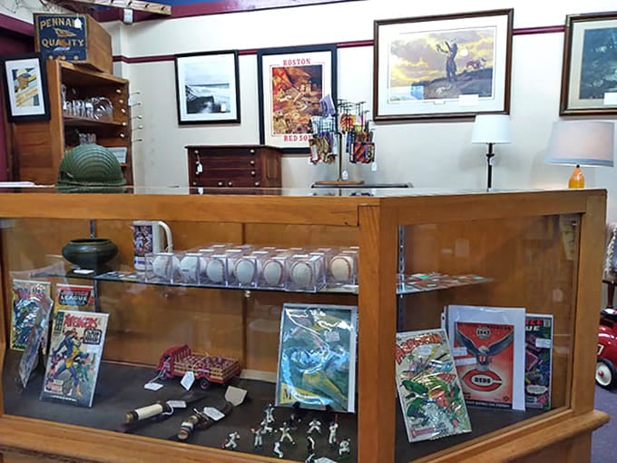 Halloween decorations stand sentinel year-round, these vintage ghosts and pumpkins ready to spark memories of trick-or-treating adventures from decades past.