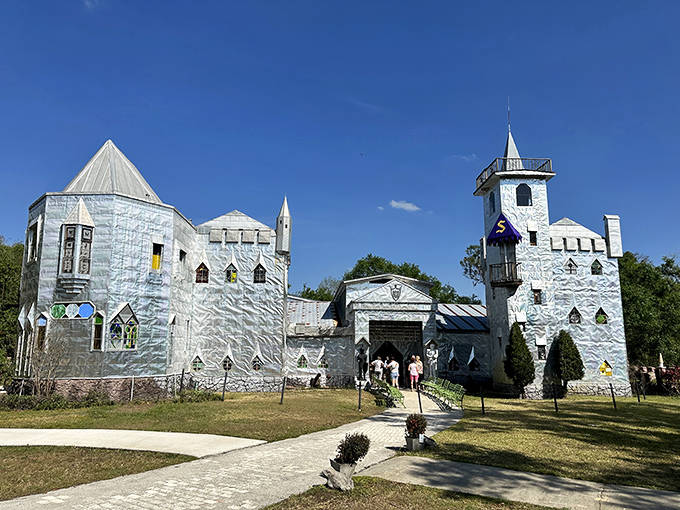 Solomon's Castle gleams in the Florida sunshine, its aluminum-covered towers rising unexpectedly from the rural landscape like a mirage.