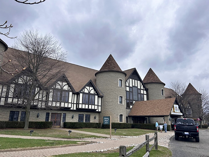 Stone towers and half-timbered details give Canterbury Village an authentic medieval feel despite its modern shopping offerings.
