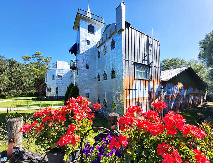 The handcrafted details of Solomon's Castle include whimsical towers, colorful gardens, and recycled materials transformed into a fairy-tale structure.