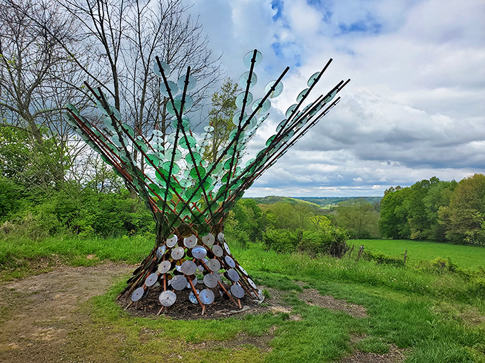 Nature's disco ball? This dazzling sculpture proves that even trees can get their groove on in Ohio's artistic wilderness.