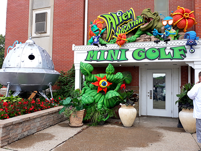 Welcome to the mothership of mini-golf! This entrance is so inviting, even E.T. would phone home to say he's staying for a round.