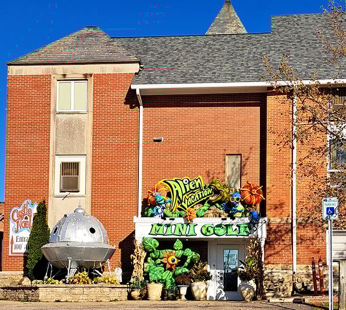 Welcome to the mothership of mini-golf! This entrance is so inviting, even E.T. would phone home to say he's staying for a round.