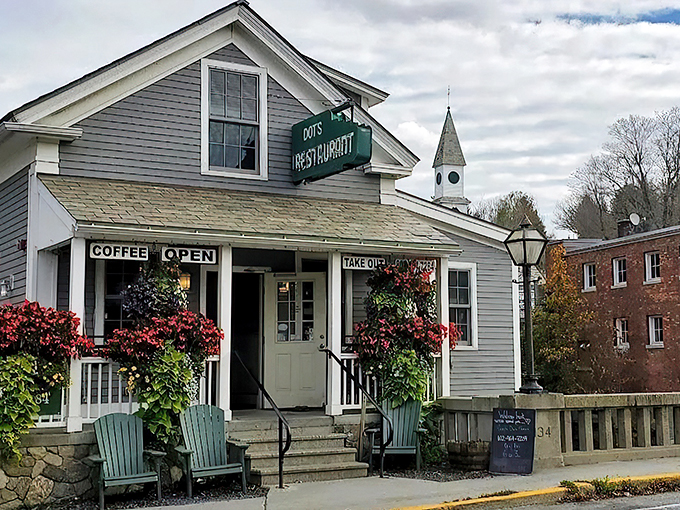 A floral explosion greets you at Dot's, where hanging baskets burst with color like nature's own fireworks display. Vermont charm, served fresh daily!