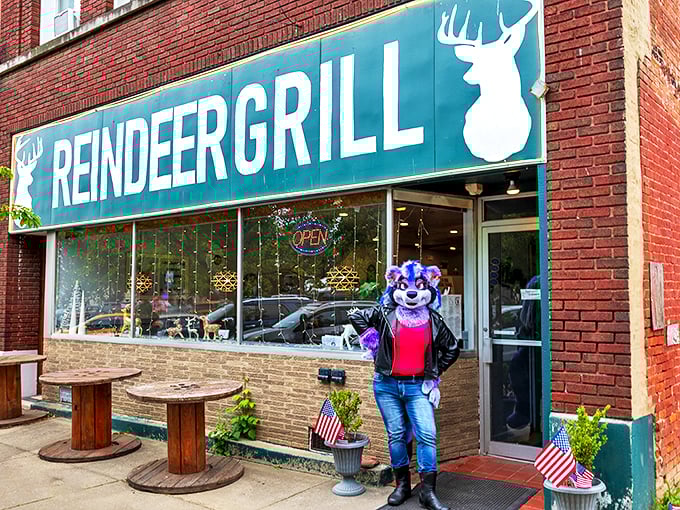 Who needs Rudolph when you've got a purple mascot? This teal-signed wonderland promises comfort food that'll make your taste buds do a happy dance.