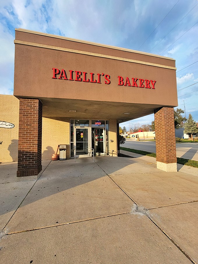 Welcome to carb heaven! Paielli's Bakery stands proud, its red lettering a beacon of hope for the sugar-deprived masses.