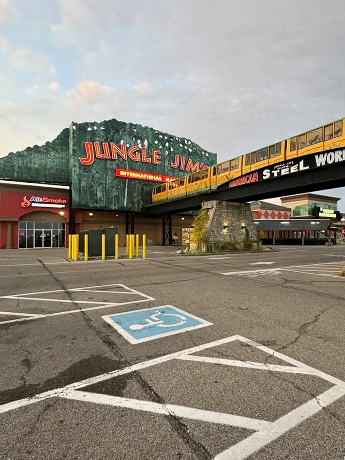 The entrance to Jungle Jim's looks like Indiana Jones designed a grocery store, complete with a yellow monorail car that's definitely not making any stops at Kroger.
