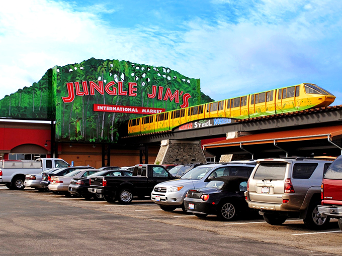 The entrance to Jungle Jim's looks like Indiana Jones designed a grocery store, complete with a yellow monorail car that's definitely not making any stops at Kroger.
