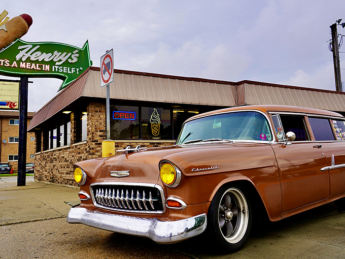 Welcome to hot dog heaven! Henry's iconic sign promises "a meal in itself," and boy, does it deliver.