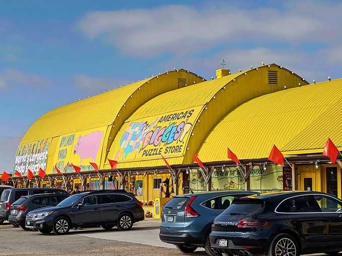 Welcome to the Wonka-esque wonderland of the Midwest! This yellow behemoth is like a beacon of joy in the Minnesota countryside.