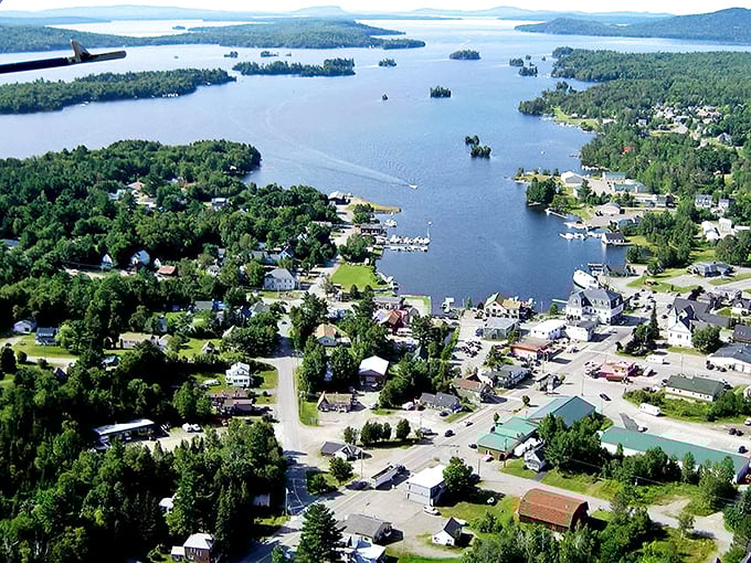 Greenville: Where nature's paintbrush went wild! This aerial view showcases a charming lakeside town nestled in a sea of green, with boats dotting the shoreline like confetti.