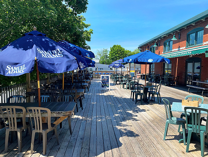 A sun-drenched deck dotted with Samuel Adams umbrellas creates the perfect summer escape, Maine's weather finally playing nice with our outdoor dining dreams!