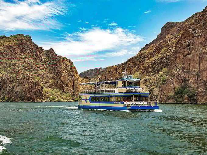 Ahoy, desert sailors! The Desert Belle glides through Saguaro Lake like a mirage come to life, proving that Arizona's got more than just cacti up its sleeve.