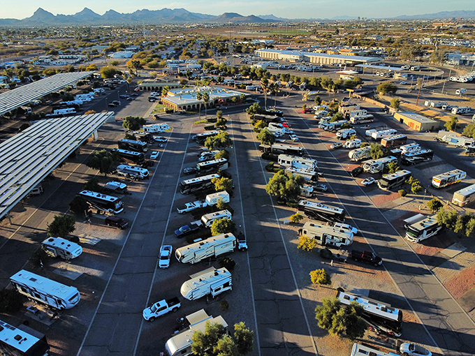 Welcome to RV paradise! This aerial view of Tucson / Lazydays KOA Resort looks like a Tetris game played by giants with motorhomes. Photo credit: Campendium