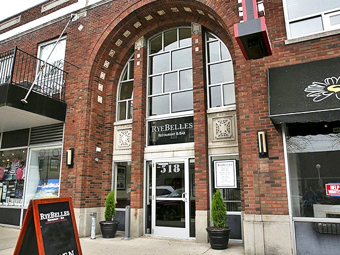 Step into a slice of Midwest charm! RyeBelles' brick facade and arched entrance beckon like a warm hug from your favorite aunt.
