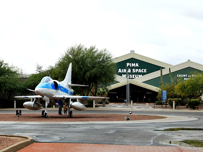 Standing proud against the Arizona sky, this A-4 Skyhawk welcomes visitors to Pima Air & Space Museum, where aviation dreams take flight.