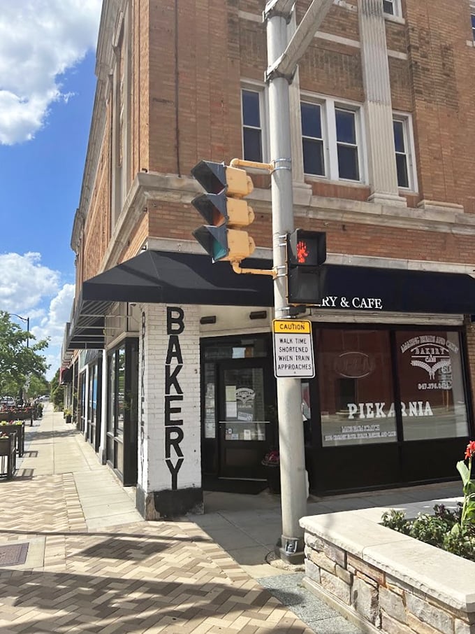 A classic brick storefront in downtown Des Plaines beckons with its bold "BAKERY" lettering - like a delicious landmark waiting to be discovered.