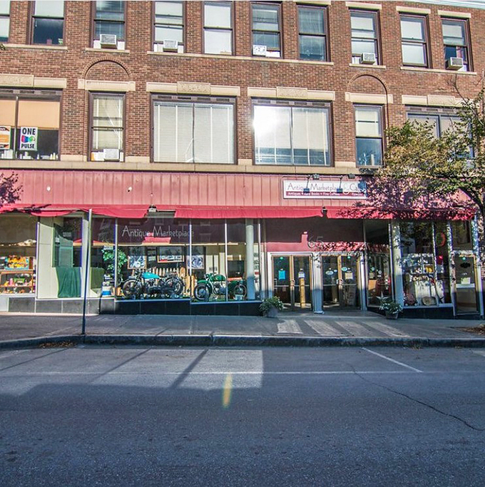 The brick facade and red awning of Antique Marketplace beckons treasure hunters into this downtown Bangor time capsule.