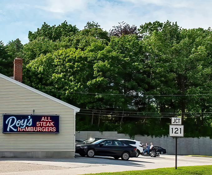 A humble facade that promises big flavors - Roy's All Steak Hamburgers stands proudly at Junction 121, where comfort food dreams come true.