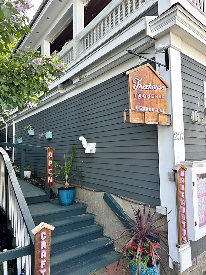 A charming New England home turned taco paradise, complete with lilac blooms and a wooden sign that promises Mexican magic in Maine.