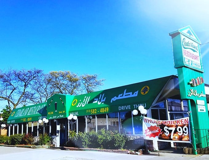 The distinctive green awning and Arabic signage of Cedarland stands proud in Dearborn, like a beacon calling all food lovers home.