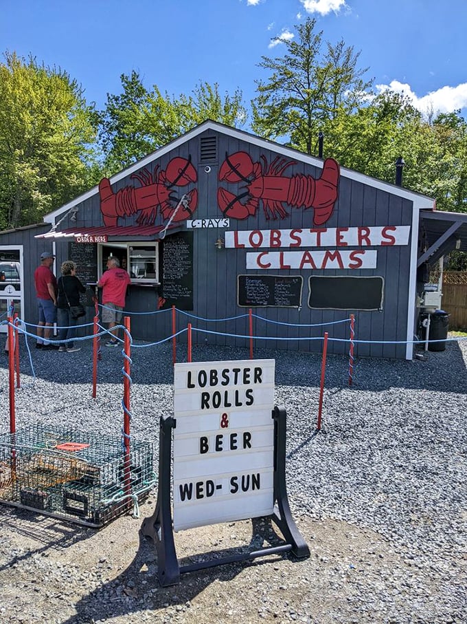 A charming gray shack with bold red lobster art that proves the best seafood spots often come in small packages.