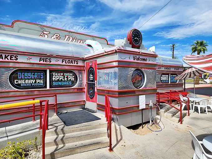 hrome and neon meet desert sky at 5 & Diner, where the exterior gleams like a freshly polished 1957 Cadillac under the Arizona sun. Photo credit: James B R