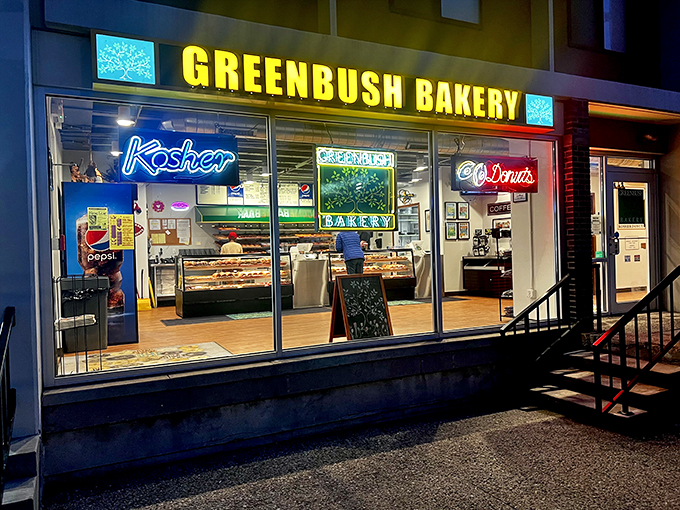 A beacon of sweetness in the night! Greenbush Bakery's neon sign promises kosher delights that would make even the Fonz say "Ayyyy!"