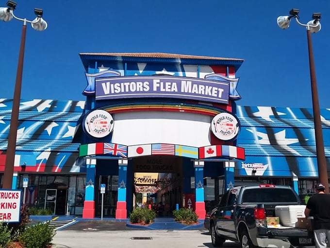 Welcome to the Technicolor dreamcoat of flea markets! This facade is like a passport to retail adventure, promising treasures from around the globe.