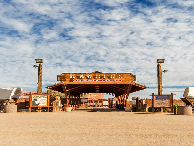 "Welcome to the Wild West, pardner!" This rustic entrance to Rawhide sets the stage for a rootin' tootin' good time, no time machine required.