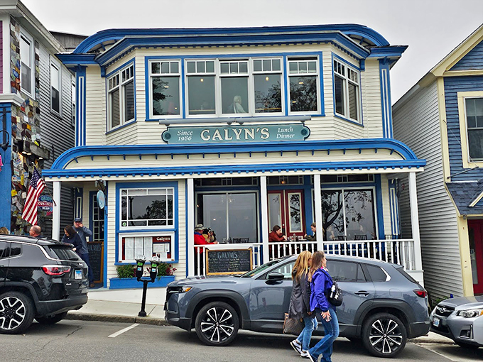 A charming blue and white Victorian beckons from Bar Harbor's Main Street, promising seafood treasures within Galyn's welcoming doors. Photo credit: Frederick Keeney