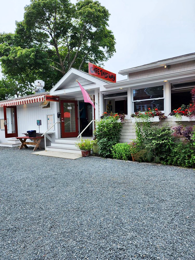 A charming white cottage with red accents and lush flower boxes beckons hungry visitors. The sign reads "Cafe This Way" - and trust me, you'll want to go that way. Photo credit: Denise Z.
