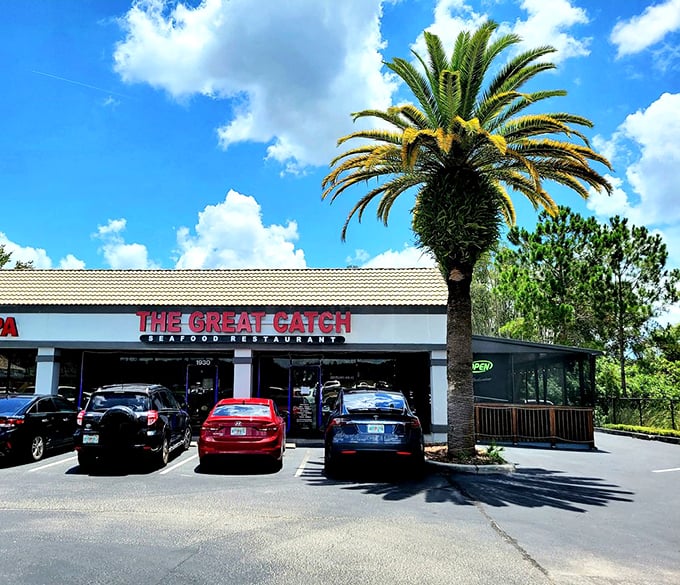 A welcoming palm tree stands guard over this Florida seafood spot, where New England flavors meet Sunshine State charm.