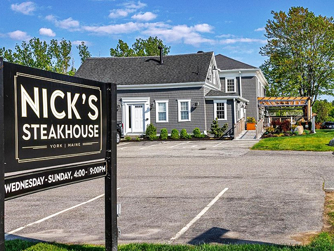 Nick's Steakhouse welcomes you with New England charm, its gray-shingled exterior and crisp white trim promising delicious adventures within. Photo credit: @nicksyork