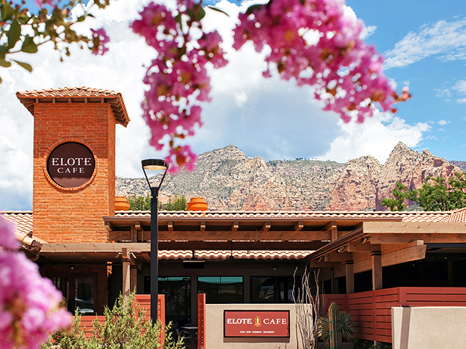 A feast for the eyes! Elote Cafe's terracotta charm beckons like a desert mirage, framed by Sedona's iconic red rocks and vibrant bougainvillea.