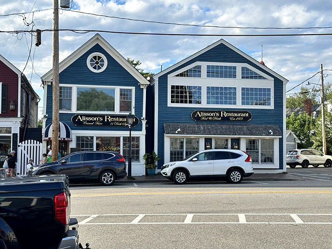 Alisson's navy-blue exterior stands proudly in Kennebunkport like a postcard come to life, beckoning seafood lovers with classic New England charm. Photo credit: John Y.