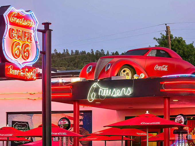 Neon dreams and classic rides: Cruiser's Cafe 66 serves up a slice of retro Americana with a side of Route 66 nostalgia.