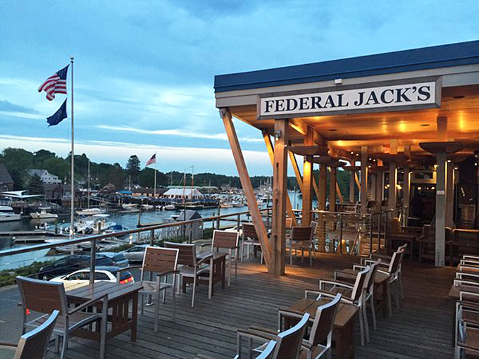 Federal Jack's waterfront deck at twilight offers the kind of view that makes you forget your phone exists.